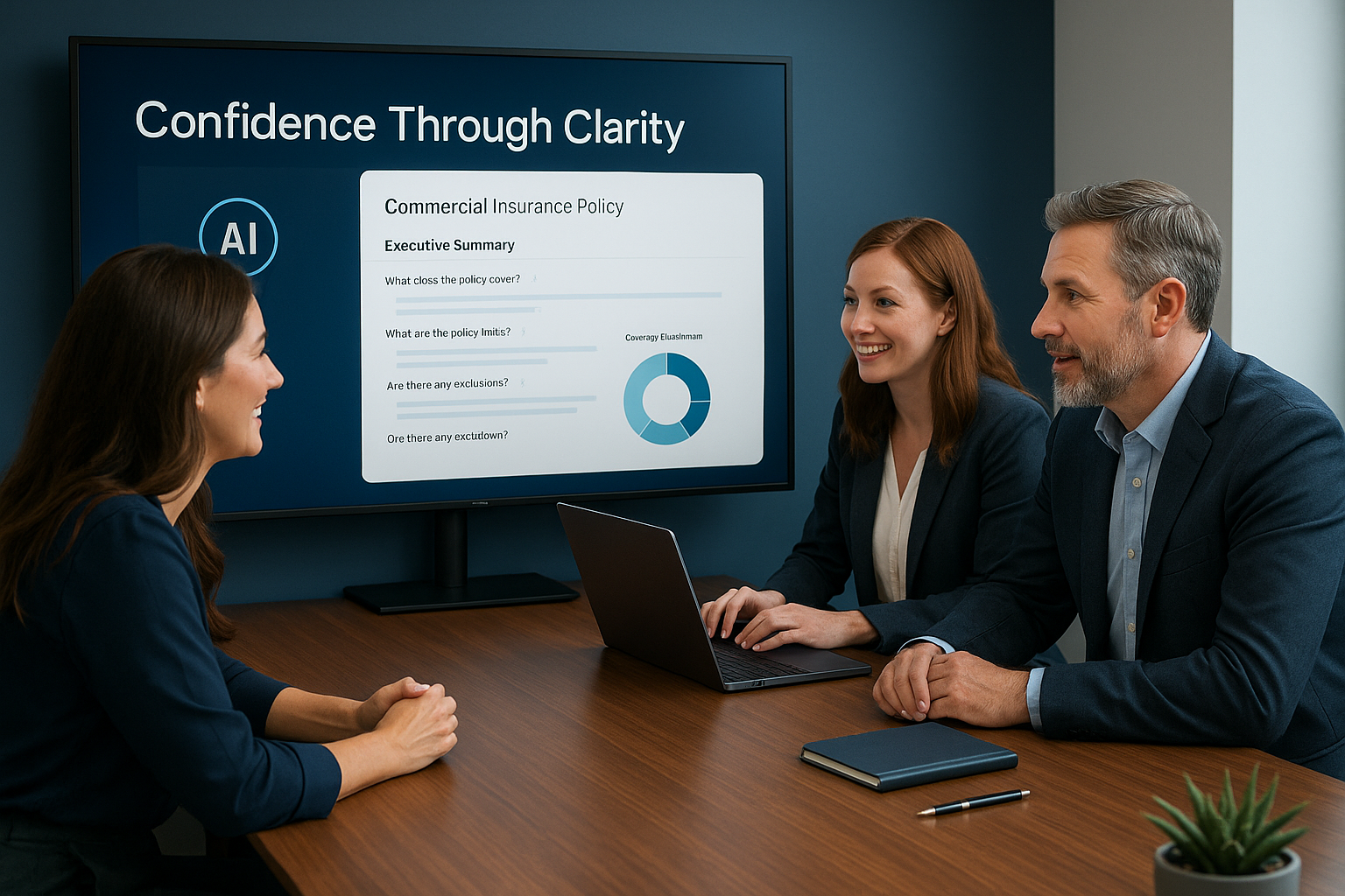 Professional team reviewing commercial insurance policy analysis with ...